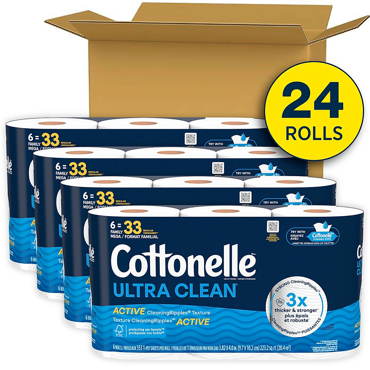 Cottonelle Ultra Clean Toilet Paper with Active CleaningRipples Texture, Strong Bath Tissue, 24 Family Mega Rolls (24 Family Mega Rolls = 132 Regular Rolls) (4 Packs of 6), 353 Sheets per Roll