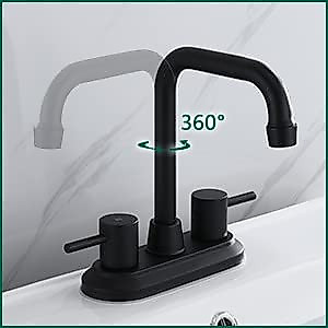 REHOMAONG Matte Black Bathroom Faucet 3 Hole with Pop-up Drain,360 Swivel Spout 2-3 Hole RV Bathroom Vanity Sink Faucet, Bathroom Sink Faucet,4 Inch 2 Handle Bathroom Faucet
