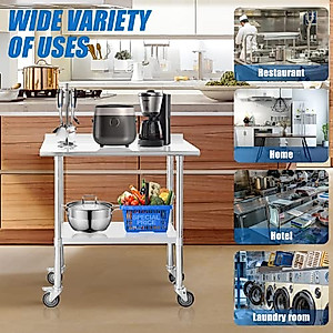 Chingoo Stainless Steel Table with Wheels 24 x 36 Inches Metal Prep Table with Backsplash & Adjustable Undershelf, Stainless Table for Commercial Kitchen, Outdoor, Restaurant, Hotel & Garage