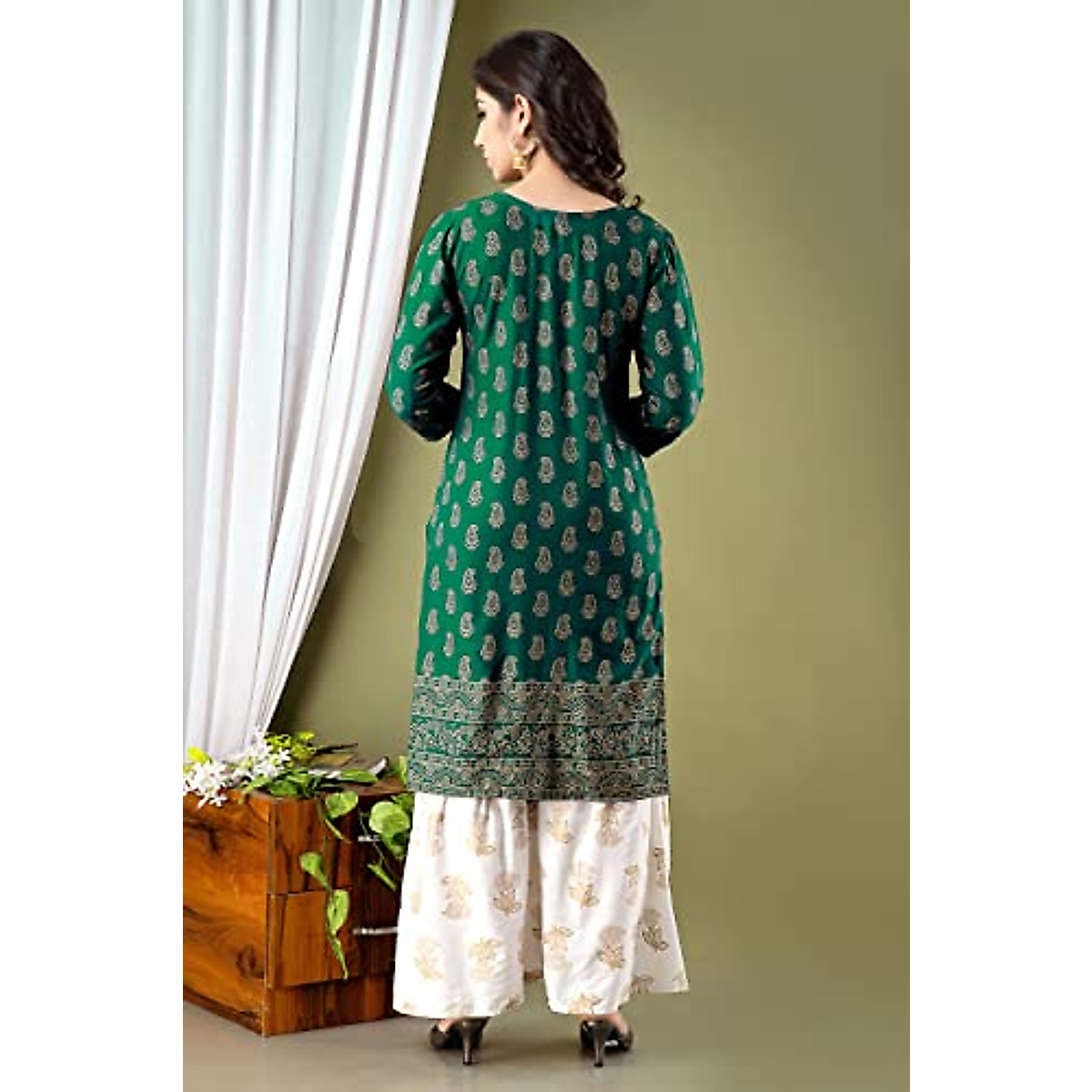 Chandrakala Women's Rayon Cotton Tunic Top 3/4th Sleeve Straight Kurti Kurta,X-Large,Bottle Green (K163BOT4)