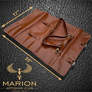 MARION LE KANGOU Made of Genuine Calf Top Grain Leather - Handcrafted Professional Chef Knife Storage Roll Bag - 8 Pockets - Detachable Shoulder Strap - Zippered Interior Pocket