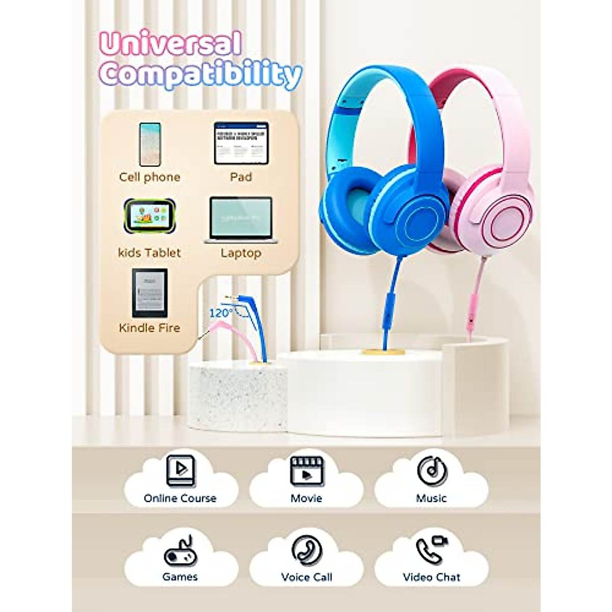 Kids Headphones Wired with Microphone, 85/94dB Volume Limit, Foldable Adjustable Headphone for Girls Boys Children, Tangle-Free 3.5mm Jack Wired for Study, School, Kids Headset for iPad /Tablet/MP3/4