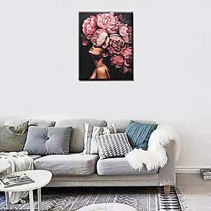 Tucocoo Fashion Head Painting by Numbers Pink Flower Abstract Drawing Nordic Wall Decoration Oil Paint by Numbers Beautiful Woman Head Flower Paint by Numbers for Adults Without Frame-16''Wx20‘’H