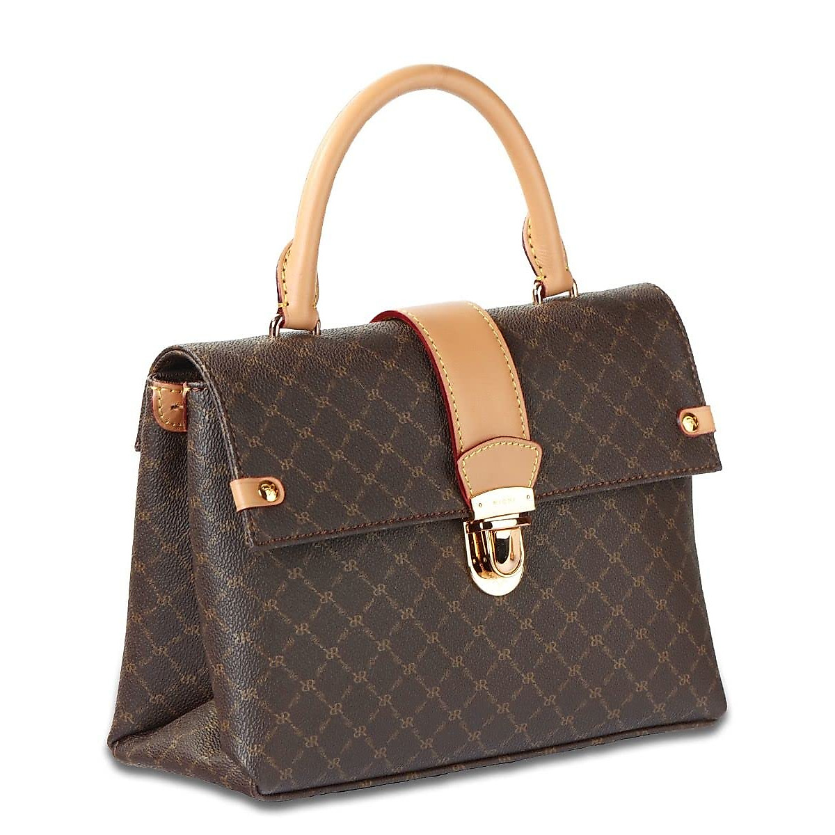 Rioni Signature Brown ST-20296 Lulu Canvas Leather Mini Top Handle Carrier Handbag Shoulder Bag