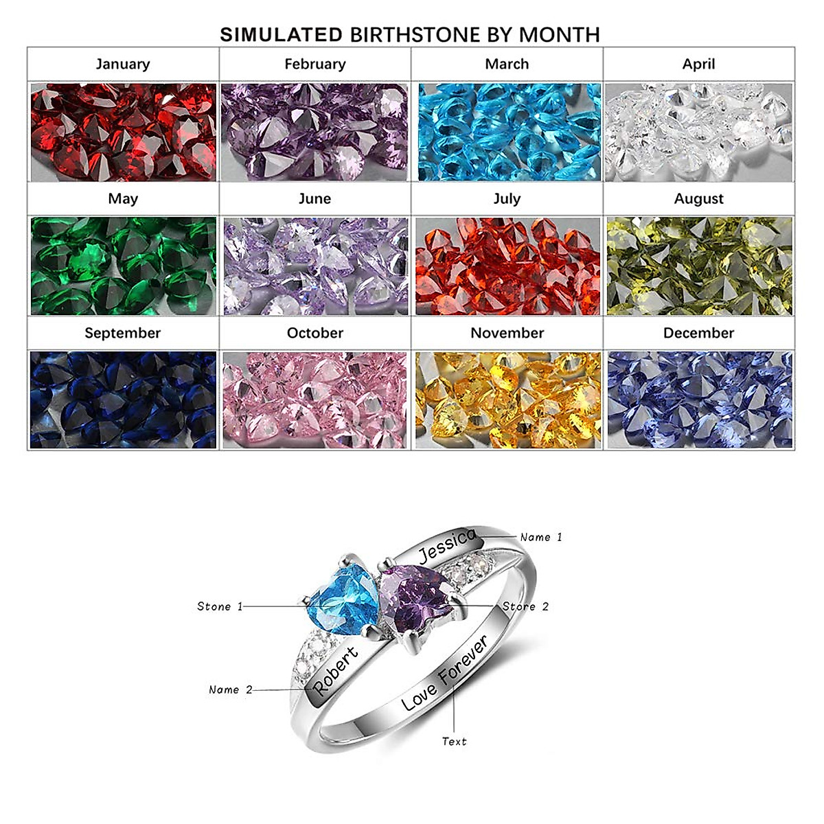 GLAMCARAT Sterling silver mothers ring with 2 heart birthstones, personalized customized engraved jewelry for women (10)