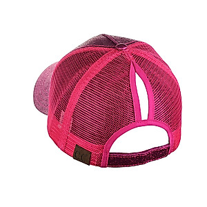 C.C Ponycap Messy High Bun Ponytail Adjustable Glitter Mesh Trucker Baseball Cap, Hot Pink