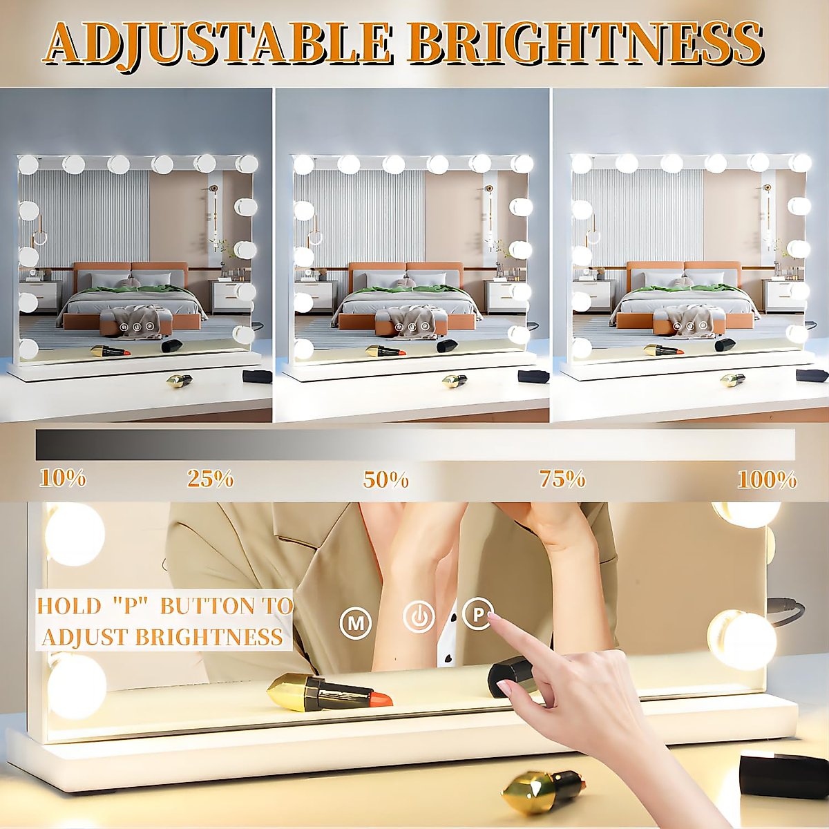NUSVAN Vanity Mirror with Lights Lighted Makeup Mirror with Dimmable LED Bulbs,3 Color Lighting Modes,USB Charging Port Touch Control,Sturdy Metal Frame Design,White (50x40cm, 4.70)