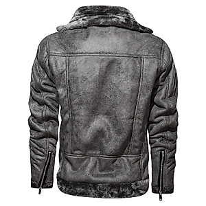 Maiyifu-GJ Men's Faux Leather Fleece Jacket Winter Warm Motorcycle Fur Vintage Coat Retro Suede Motorcycle Bomber Jackets (Grey,3X-Large)