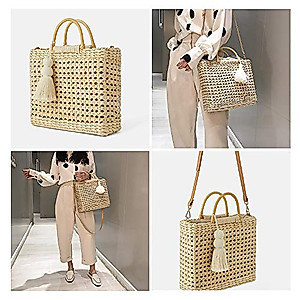 QTKJ Fashion Women Summer Straw Crossbody Bag with Cute Tassels Pendant, Hand-Woven Beach Shoulder Bag with Top Wooden Handle Tote Bag (Beige)