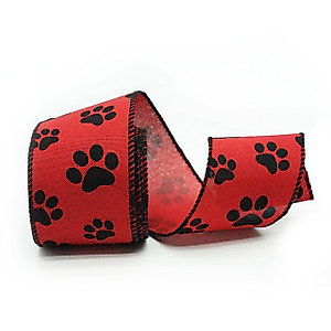 Red and Black Paw Print Wired Edge Ribbon, Burlap Dog Cat Pet Paw Ribbon Wired for Wreath, 2.5” x 10 Yards (30 Feet) (red&Black)