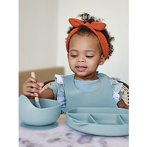Oliver & Sage Baby, Toddler Silicone Feeding Set, Tableware Set | BPA Free | Suction Bowl Suction Plate | Adjustable Bib | Wooden Spoon/Fork Utensils | Waterproof | Easy Clean|5 Piece (Dusty Blue)