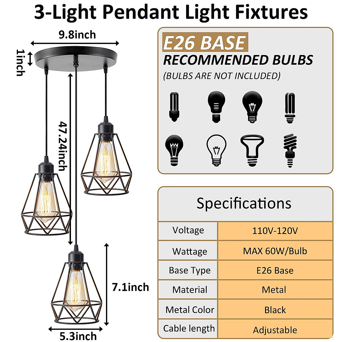 YXTH 3-Light Pendant Light Fixtures, Farmhouse Hanging Pendant Lighting, Adjustable Industrial Kitchen Island Hanging Light Fixture, Black Metal Cage Pendant Ceiling Lamp for Kitchen Dining Room