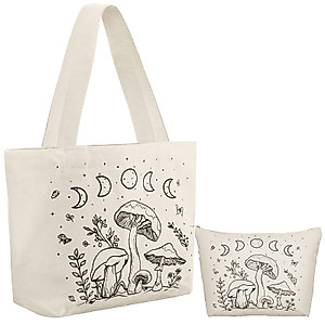 2 Pcs Aesthetic Tote Bag Cute Reusable Canvas Vintage Cosmetic Bag for Women Funny Makeup Bags Girls Gifts (Mushroom)
