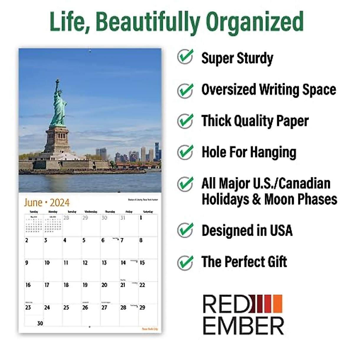 RED EMBER New York City 2024 Wall Calendar 12 Month | 12" x 24" Open | Thick & Sturdy Paper | Giftable | Calendar 2024