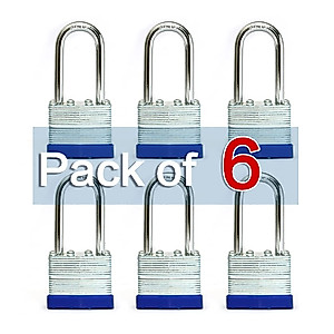 LanuBe Laminated keyed Padlock (1-9/16", 40mm), keyed Alike Locks, Long Shackle,Marked Blue Plastic Hoop, Pack of 6…