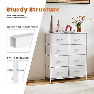 DUMOS Dresser for Bedroom with 8 Fabric Drawers, Tall Chest Organizer Units for Clothing, Closet, Kidsroom, Storage Tower with Cabinet, Metal Frame, Wooden Top, Lightweight Nursery Furniture, White