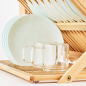 Worthyeah Bamboo Dish Drying Rack, 3 Tier Collapsible Dish Rack with Utensil Holder, Wooden Dish Drying Rack for Kitchen Counter, Large Folding Drying Holder, Dish Drainer