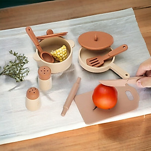 Educational kids kitchen silicone pretned toys 9 pcs, play kitchen accesories set with cookware,utensils,pots, seasoning bottles for Children, role play kitchen toy -safe and easy clean