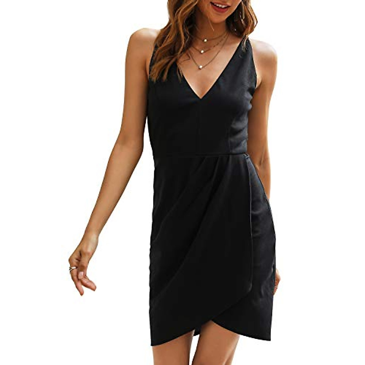 Manydress Women’s Bodycon Sleeveless Deep V Neck Summer Dress Wrap Ruched Cocktail Party Mini Dresses MY062 (Black, S)
