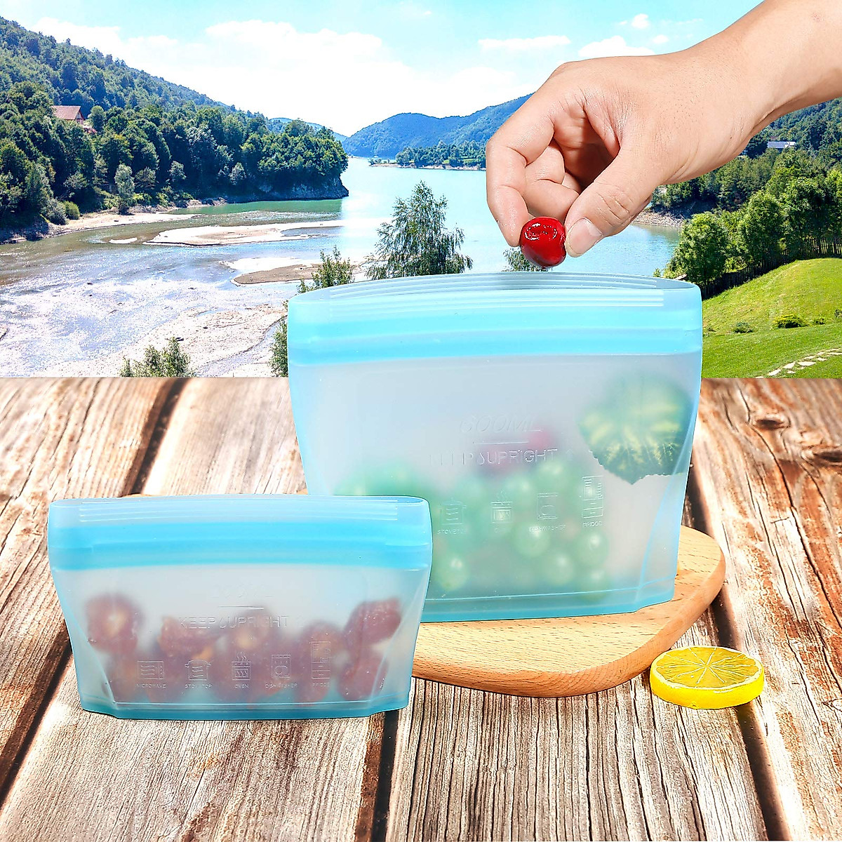 Reusable food container silicone bag, 2 Pcs Zip Sandwich Bags, 100% Platinum Silicone Reusable Snack bag, Stand Up Preservation Bag, Convenient to carry and easy to clean. (2 Bag Set Blue)