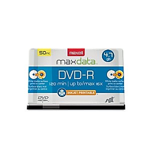 Maxell 638022 DVD-R Recordable Discs, Printable, 4.7GB, 16x, Spindle, White, 50/Pack