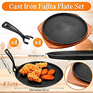 Mimorou 4 Sets Cast Iron Fajita Plate Set 9.84'' Steak Plate Sizzling Pan with Wooden Base and Gripper for Home Restaurant Kitchen Catering Cooking for Grilling Meats Seafood