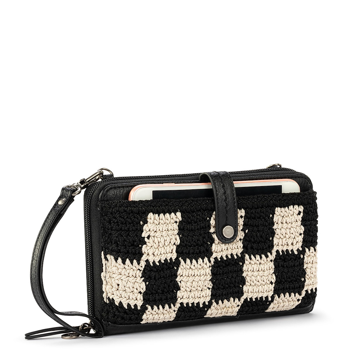 The Sak Iris Smartphone Crossbody Purse - Women's Cellphone Bag & Wallet For Everyday - Convertible Wristlet With Zipper in Black Check/Crochet