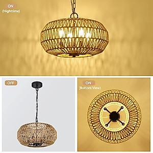 Farmhouse Rattan Pendant Lights, 15.7" 4-Light Boho Chandelier Light Fixture, Wicker Hand Woven Basket Pendant Hanging for Dining Room Living Room Kitchen Island Bedroom Foyer, Height Adjustable