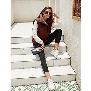 Athlisan Puffer Vest Women Zip Up Stand Collar Sleeveless Padded Gilet Jacket (Brown-S)