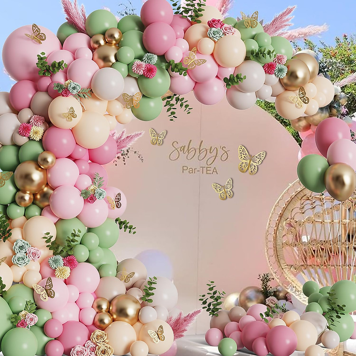 Sage Green And Pink Balloon Arch Kit With Shiny Gold Butterfly Stickers,177Pcs Pastel Green Blush Gold Balloon Garland For Spring Tea Party Decoration Wedding Bridal Baby Shower Fairy Balloon Arch