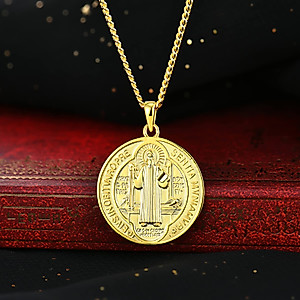 FJ Saint Benedict Necklace 925 Sterling Silver, NR Cross Protection Pendant,Round Coin Antiqued Religious Protector Talisman Pendant