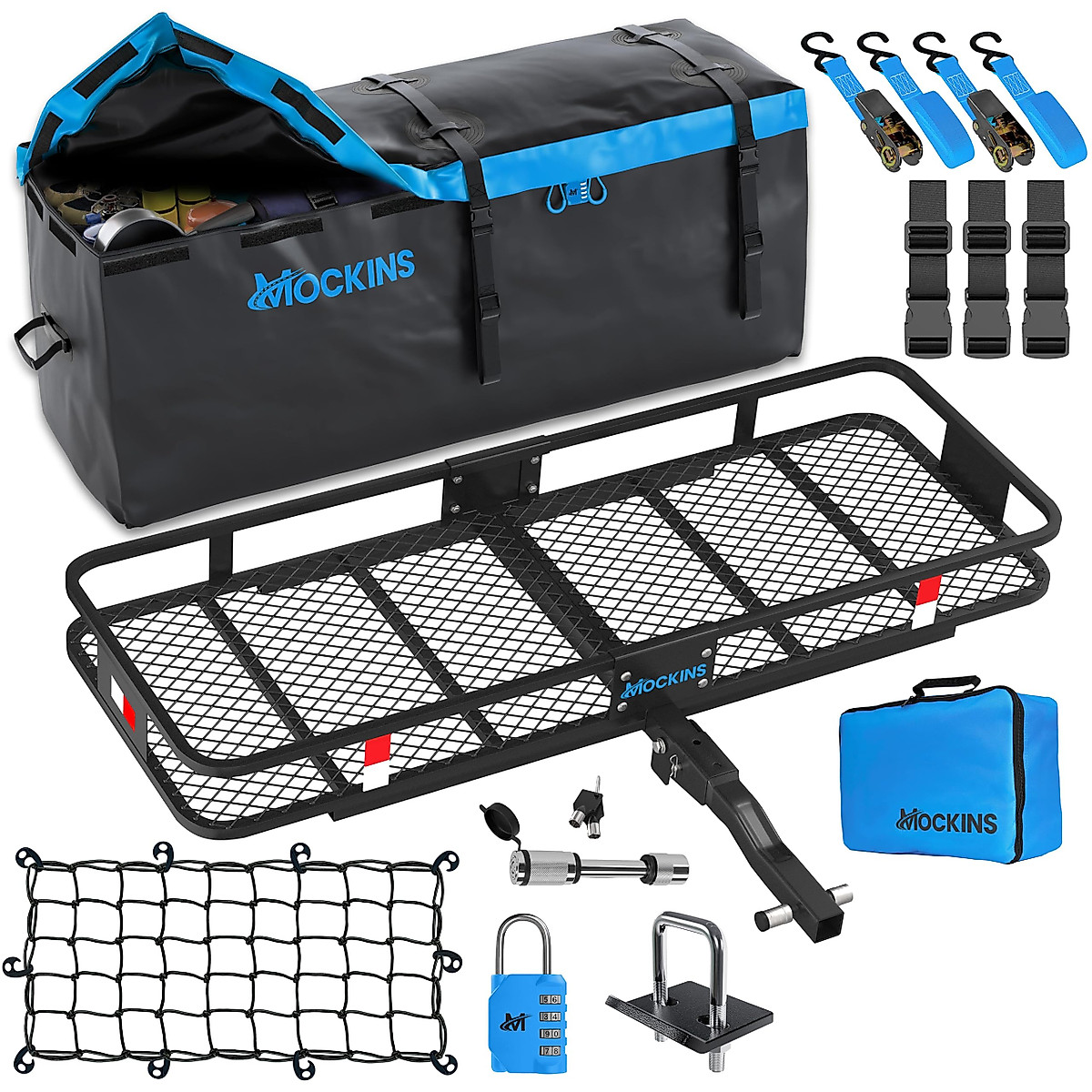 Mockins 60x20x6 Heavy-Duty Trailer Hitch Cargo Carrier 500lb Cap & 16 CuFt Soft Shell Waterproof Luggage Cargo Bag |Folding Hitch Cargo Carrier w/Net & Hitch Accessories |2" Receiver Hitch Cargo Rack