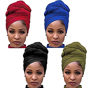 4 Packs Stretch Jersey Turban Heads Wrap African Head Wrap for Women Head Scarf Soft Headband Long Hair Scarf