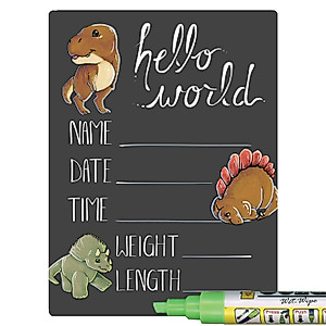 Cohas Hello World Newborn Baby Announcement Chalkboard Sign with Dinosaur Theme, 5 by 7 Inches, Green Marker