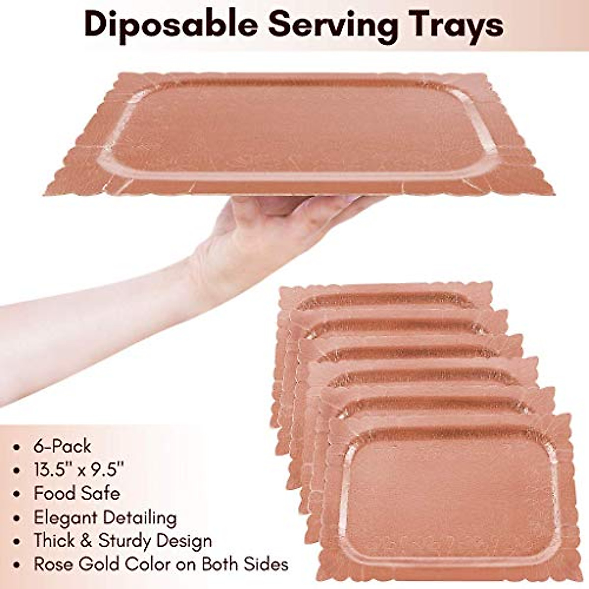 6-Pack Rose Gold Disposable Serving Trays - 9.5" x 13.5" Serving Tray Set - Heavy Duty Cardboard Cookie Platter - Decorative Disposable Trays - Rose Gold Serving Trays and Platters for Dessert Table