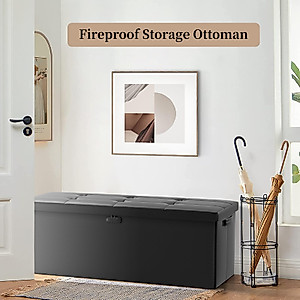 JHSafer 43 Inches Folding Storage Ottoman Bench, Fireproof Storage Chest Foot Rest Stool with Lock, Storage Bench with Handle for Bedroom, Leather Ottoman with Storage for Living Room Hallway, Black