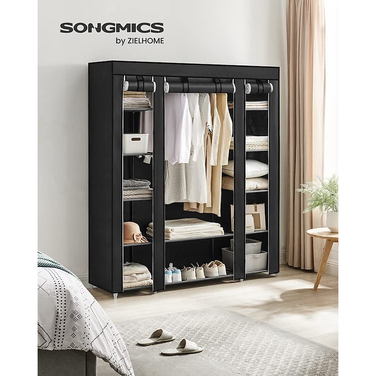 SONGMICS Closet Wardrobe, Portable Closet for Bedroom, Clothes Rail with Non-Woven Fabric Cover, Clothes Storage Organizer, 59 x 17.7 x 69 Inches, 12 Compartments, Black ULSF03H