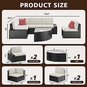 6 Pieces Patio Furniture Set All Weather Outdoor Couch, Modular Outdoor Sectional Sofa, Rattan Wick Patio Conversation Sofa Set with Washable Cushions & Glass Table for Deck, Porch, Backyard, Black