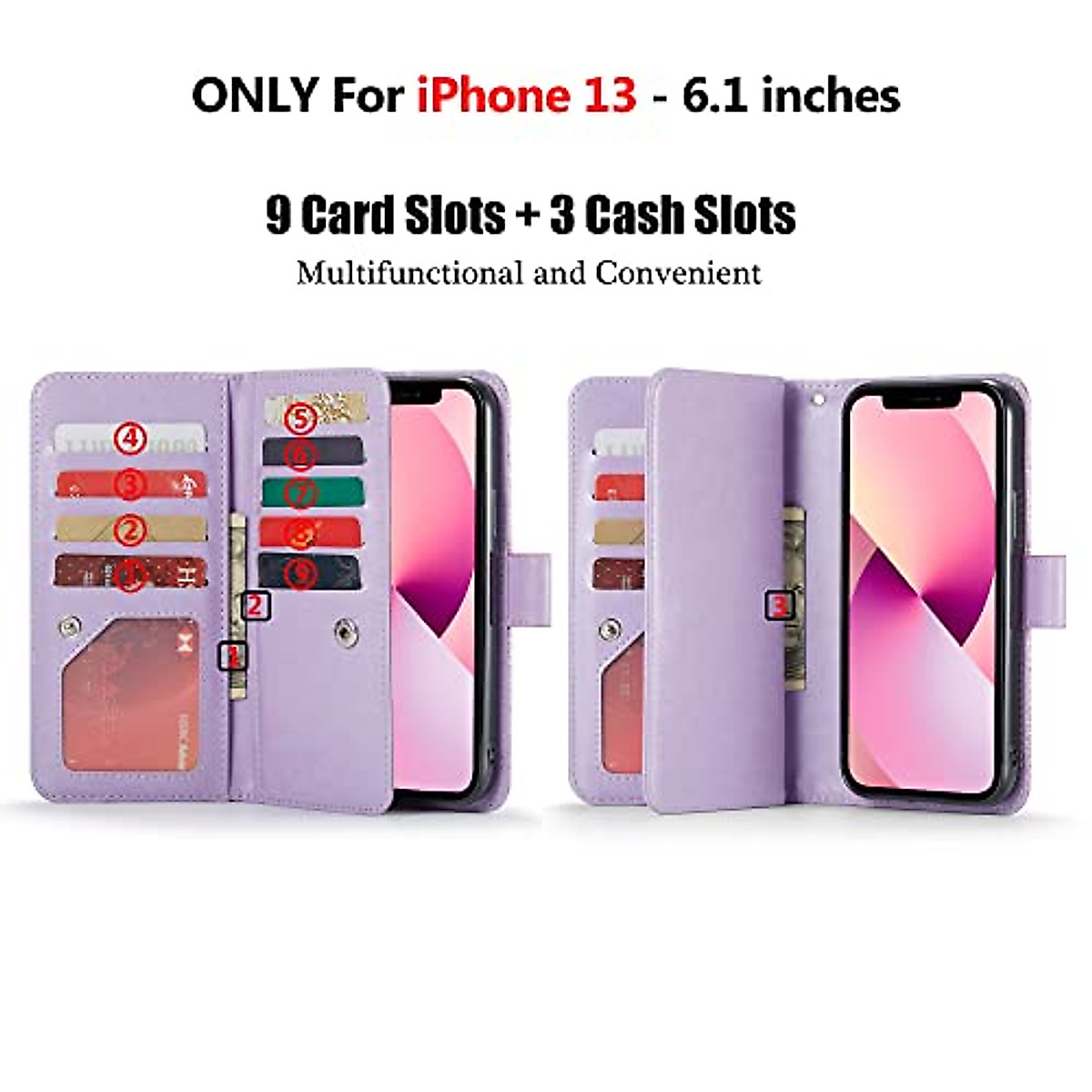 Varikke iPhone 13 Wallet Case - 9 Card Holder, Magnetic Detachable Cover, Kickstand Strap, Glitter PU Leather, Light Purple