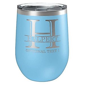 Personalized 12oz (17 Colors) Powder Coated Stainless Steel Stemless Wine Tumbler with Lid, Custom Etched, Customized Gift for Women Her, Wine Lover, Halpert Monogram Initial Name (Light Blue)