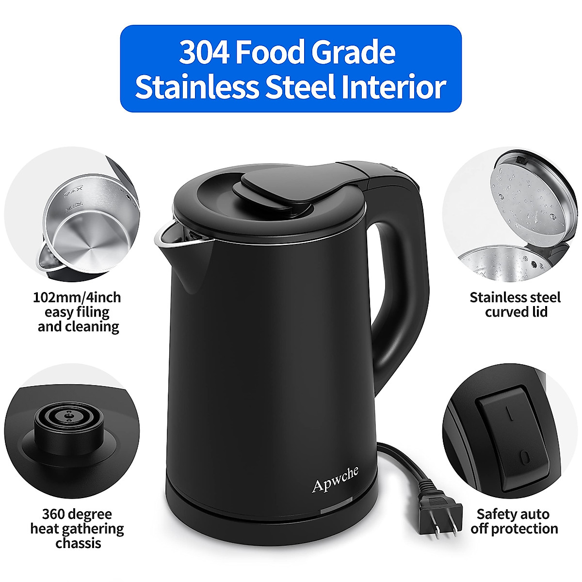 Apwche Small Electric Kettle, Portable Kettle with 304 Stainless Steel Travel Kettle 27oz/0.8L Electric Tea Kettle for Business Trip, Small Electric Kettle with Auto Shut-Off (black)