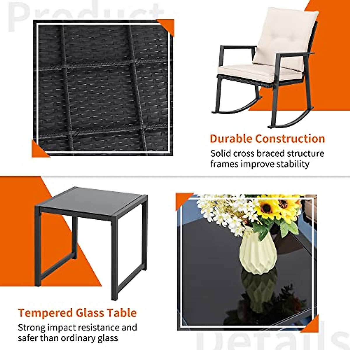 Shintenchi 3 Pieces Rocking Bistro Set Wicker Patio Outdoor Furniture Porch Chairs of 2 Outdoor Furniture Rattan Chair Conversation Sets with Glass Coffee Table (Beige)