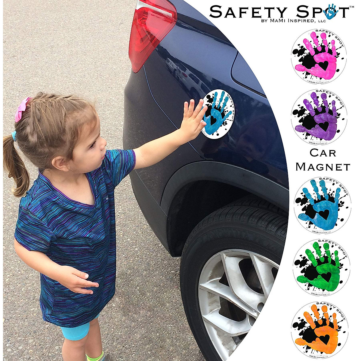 Safety Spot Magnet - Kids Handprint for Car Parking Lot Safety - White with Black Splat Background (Orange)