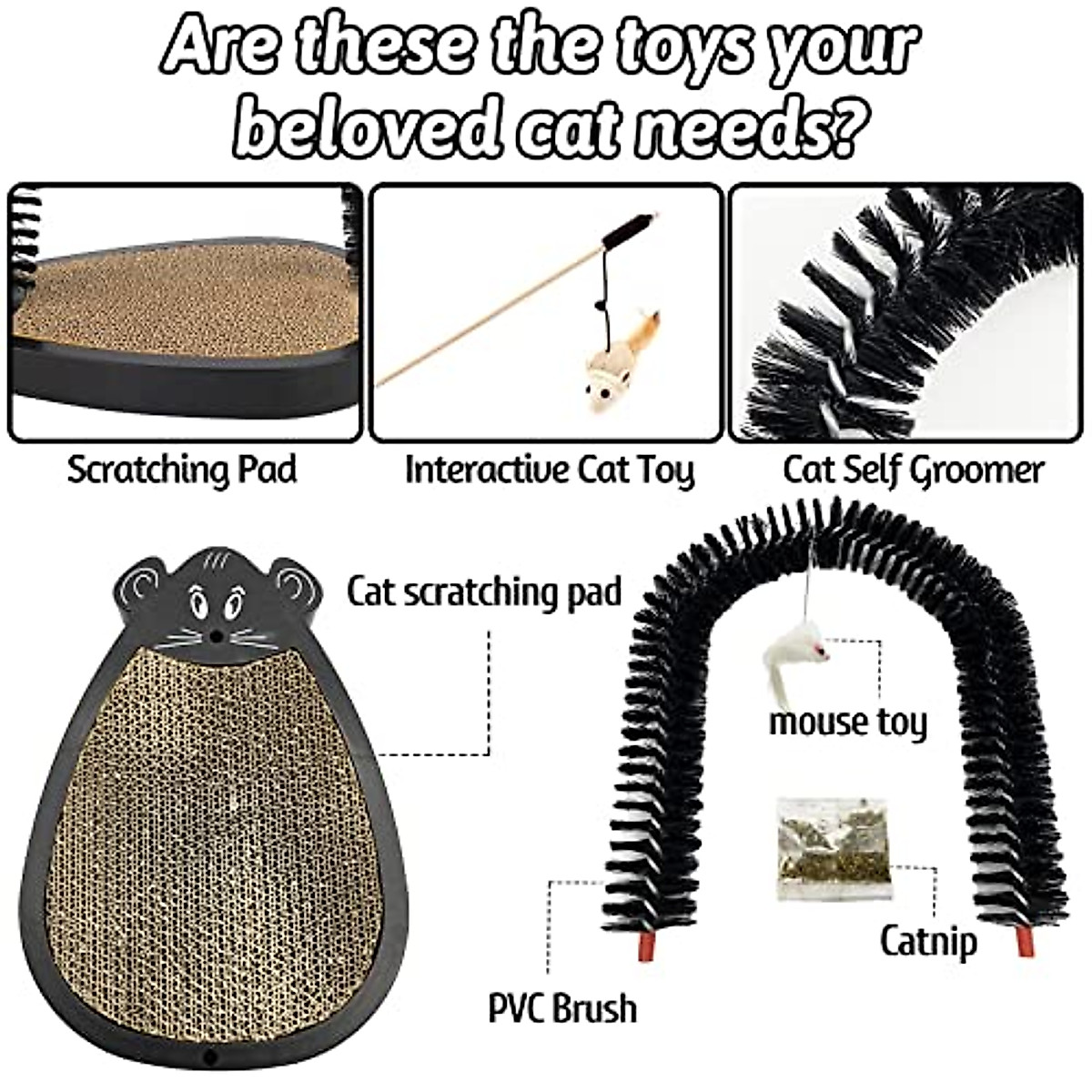 Fhiny Cat Arch Self Groomer, Cat Brush with Scratching Cardboard Hair Face Back Brush for Grooming with Toys Scratcher Massager Comb Station Interactive Toy for Indoor Kitten Cats Pets Cute