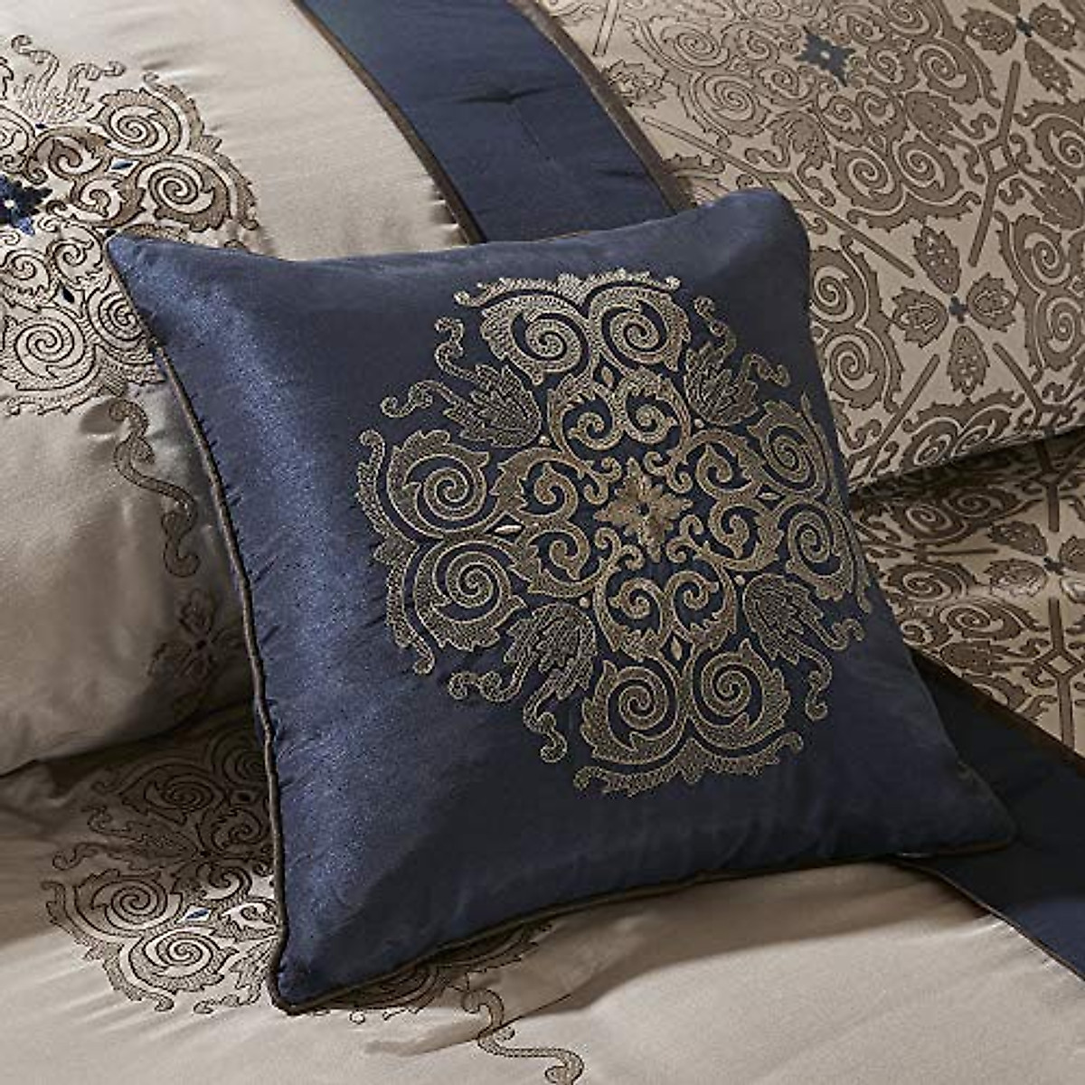 Madison Park Comforter Faux Silk-Traditional Luxurious Jacquard Design All Season Set, Matching Bed Skirt, Decorative Pillows, King(104"x92"), Navy 7 Piece