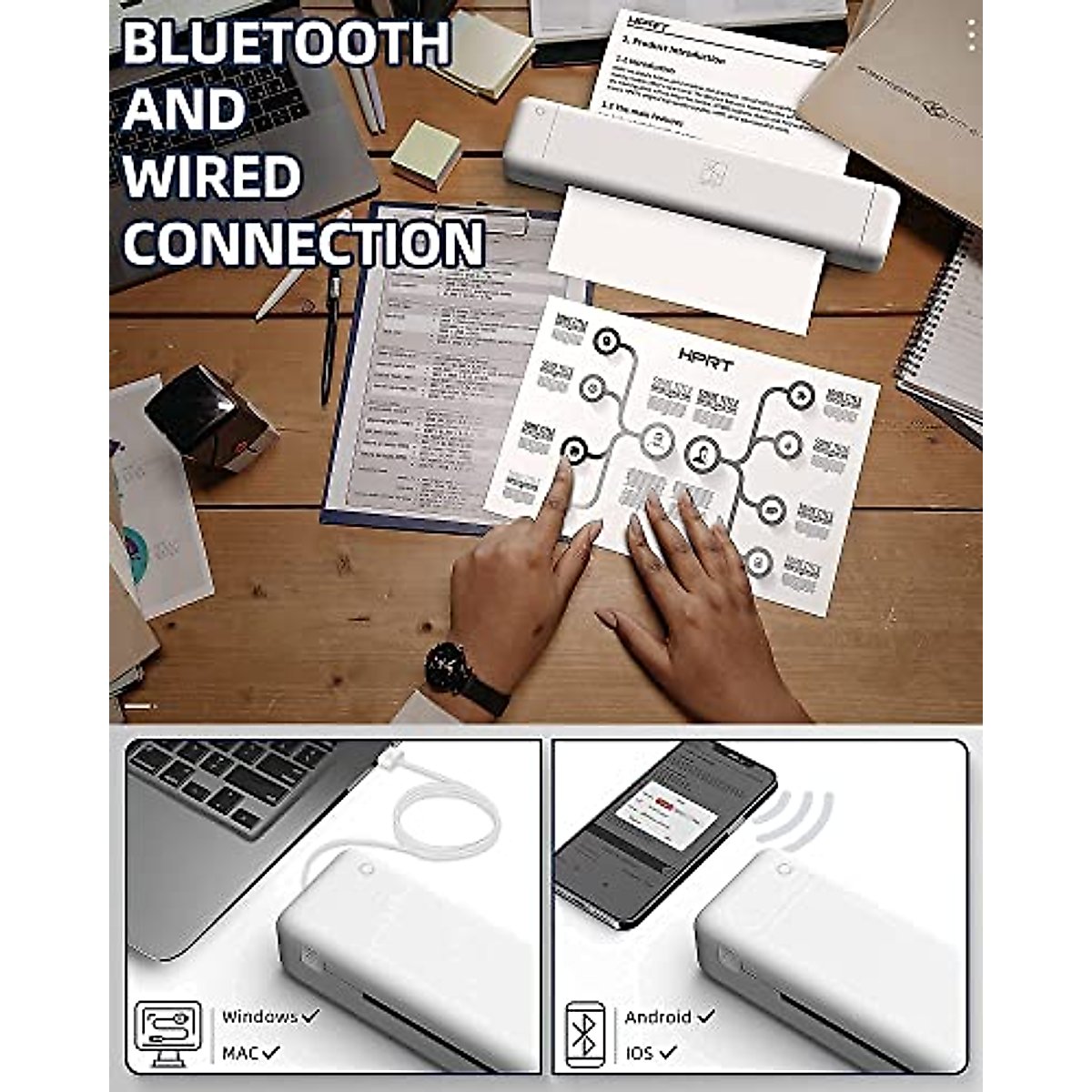 HPRT Thermal Printer MT800Q Portable Mini Printer, Wireless Printer for iPhone and Computer, The Best Small Printer Support 216mm Width A4 Paper, Home Use, Office, Travel and Mobile Printer