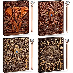 4 Sets Embossed Leather Journal Writing Notebooks with Diamond Pens, Antique Handmade Vintage Travel Diary Daily Sketchbook, 3D Phoenix Elephant Life Tree Pattern A5 Notepad Present for Women Men