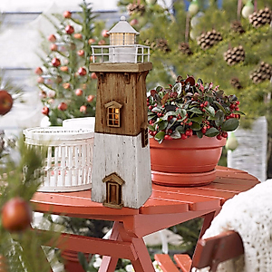 Waroom Home Rustic Wood Lighthouse Decor with Light Tabletop Nautical Decor, Wooden Decoration Beach Themed Coastal for Mediterranean 13.78H inch