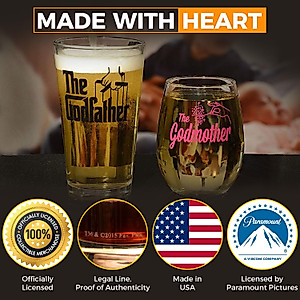 The Godfather & The Godmother Printed Pint & Stemless Wine Glass Set - Officially Licensed, Premium Quality, Handcrafted Glassware - A Collectible Gift for Godparents, Movie Lovers & Special Occasions