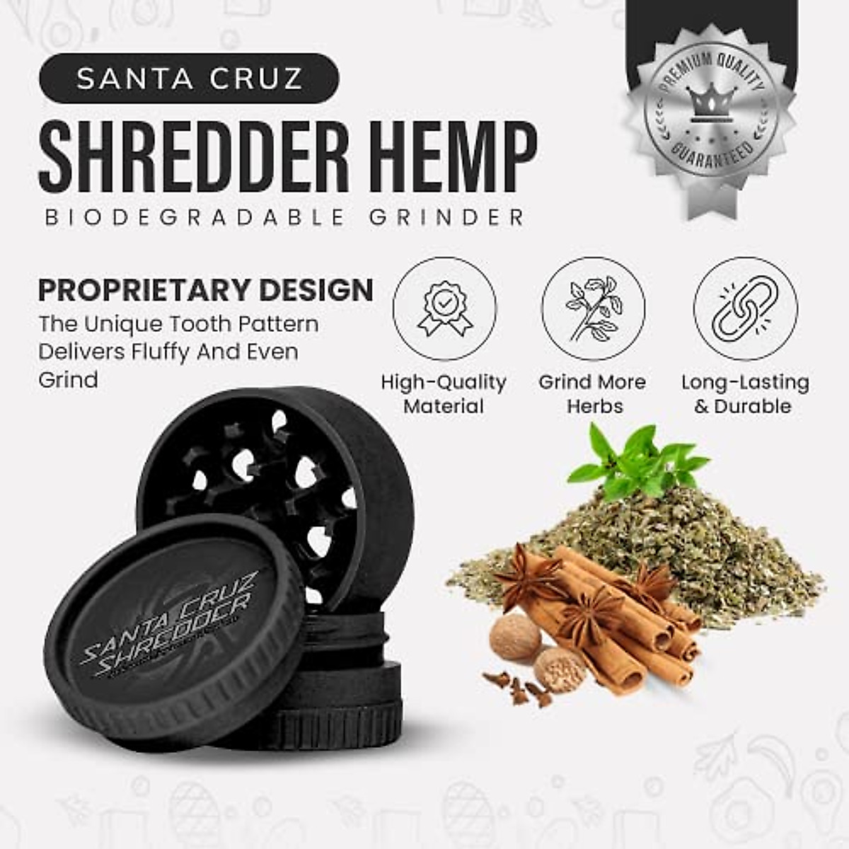 Santa Cruz Shredder Hemp Grinder for Herbs Knurled Top for Stronger Grip 3-Piece 2.2" (Black)